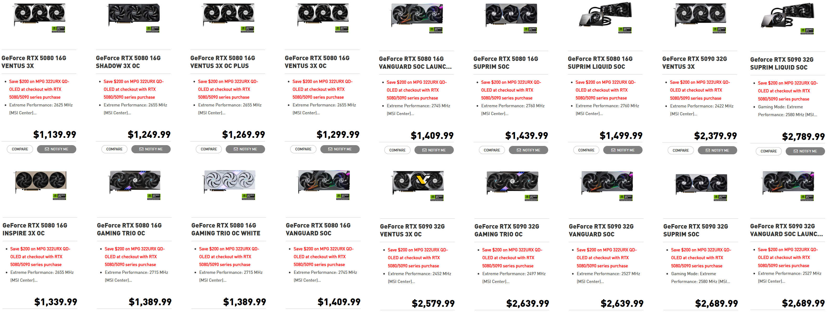 MSI와 ASUS 공식 사이트에서 판매중인 지포스 RTX 50 시리즈의 가격 - 컴퓨터 / 하드웨어 - 기글하드웨어